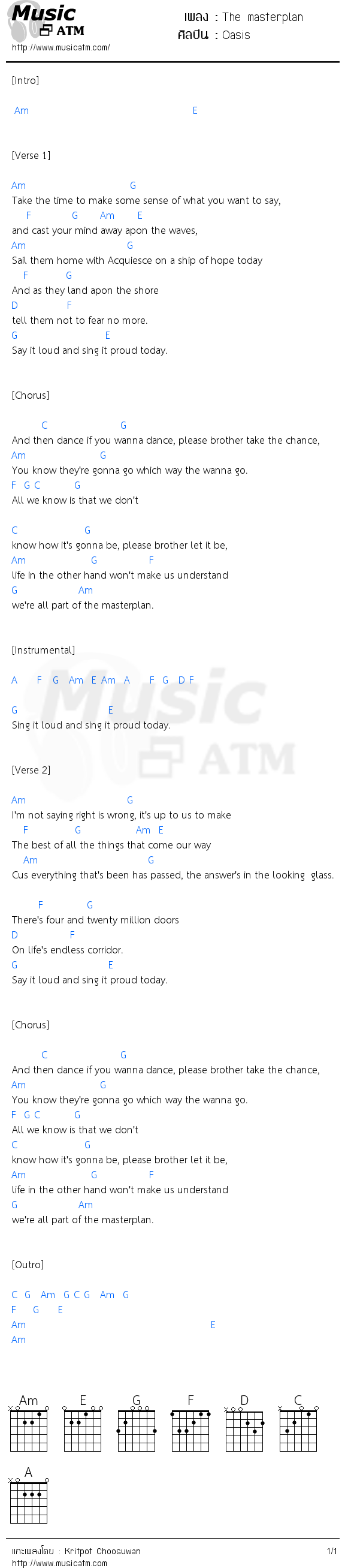 คอร์ดเพลง The masterplan - Oasis | MusicATM