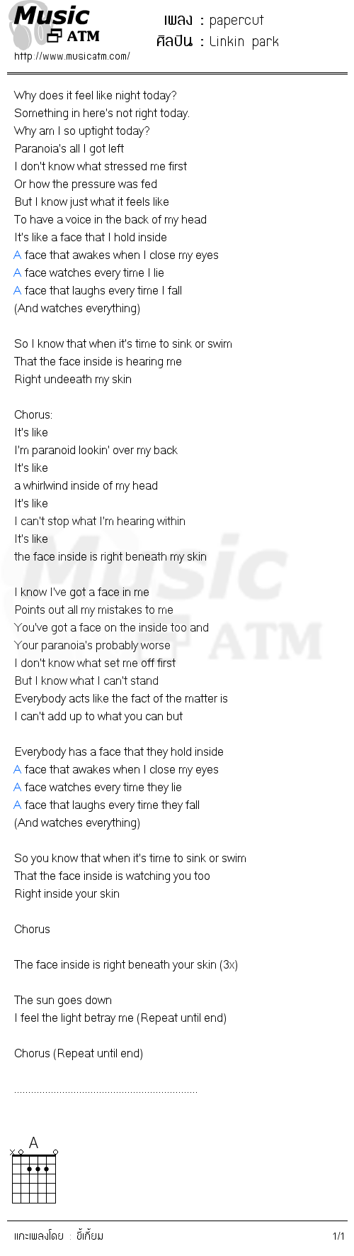 คอร์ดเพลง papercut - Linkin park | MusicATM